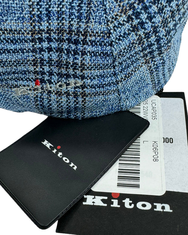 Kiton Flat Cap Cashmere Wool Blue Black Plaid Newsboy Hat - Tie Deals