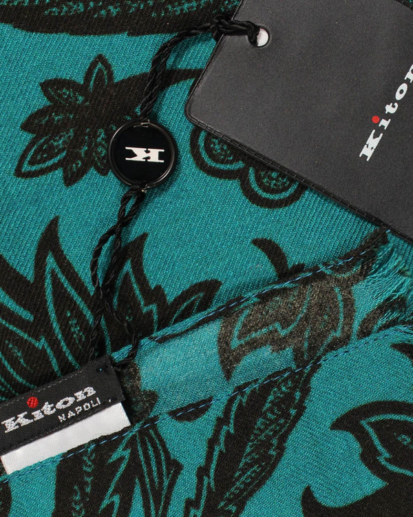 Kiton Wool Silk Scarf Teal Black Floral Men Collection SALE - Tie Deals