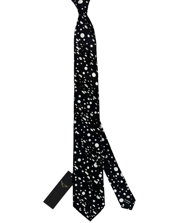 Vitaliano Pancaldi Pleated Silk Tie Black White Dots Design - Tie Deals