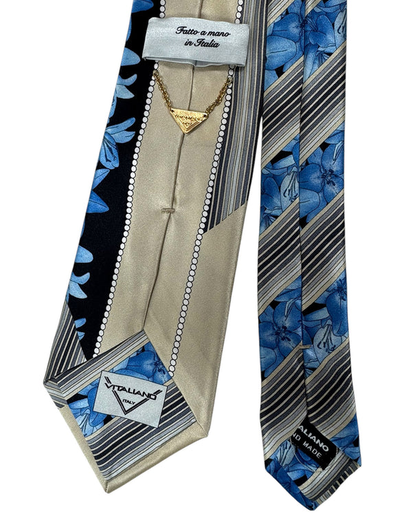 Vitaliano Pancaldi Silk Tie Taupe Black Blue Floral & Stripes Design ...
