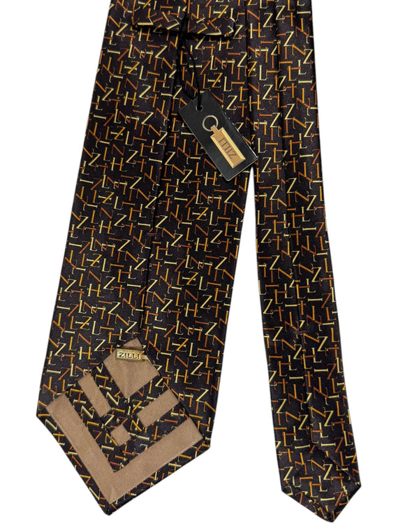 Zilli Silk Tie Black Brown Gold Logo - Wide Necktie - Tie Deals