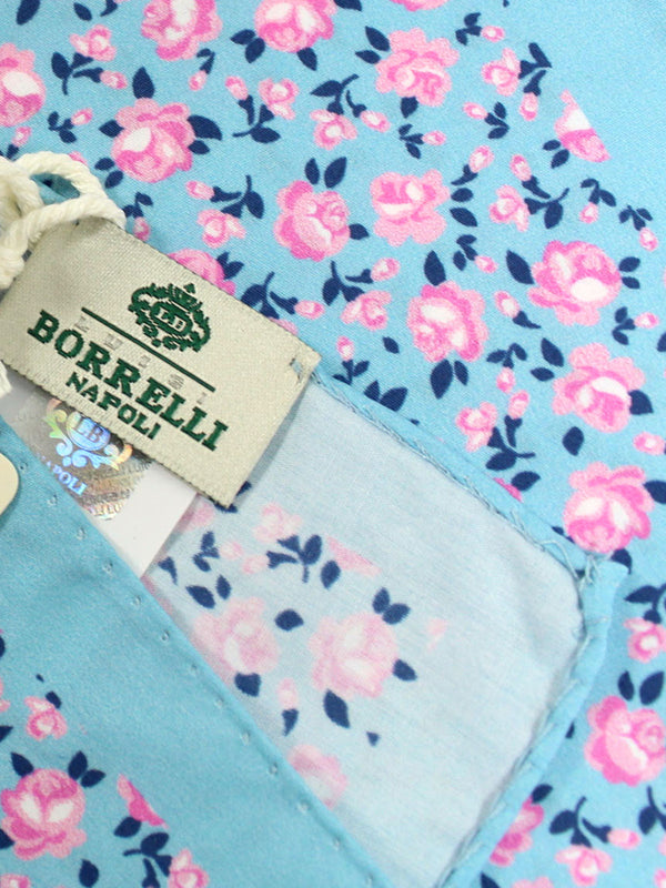 Luigi Borrelli Cotton Pocket Square Blue Pink Floral FINAL SALE - Tie Deals